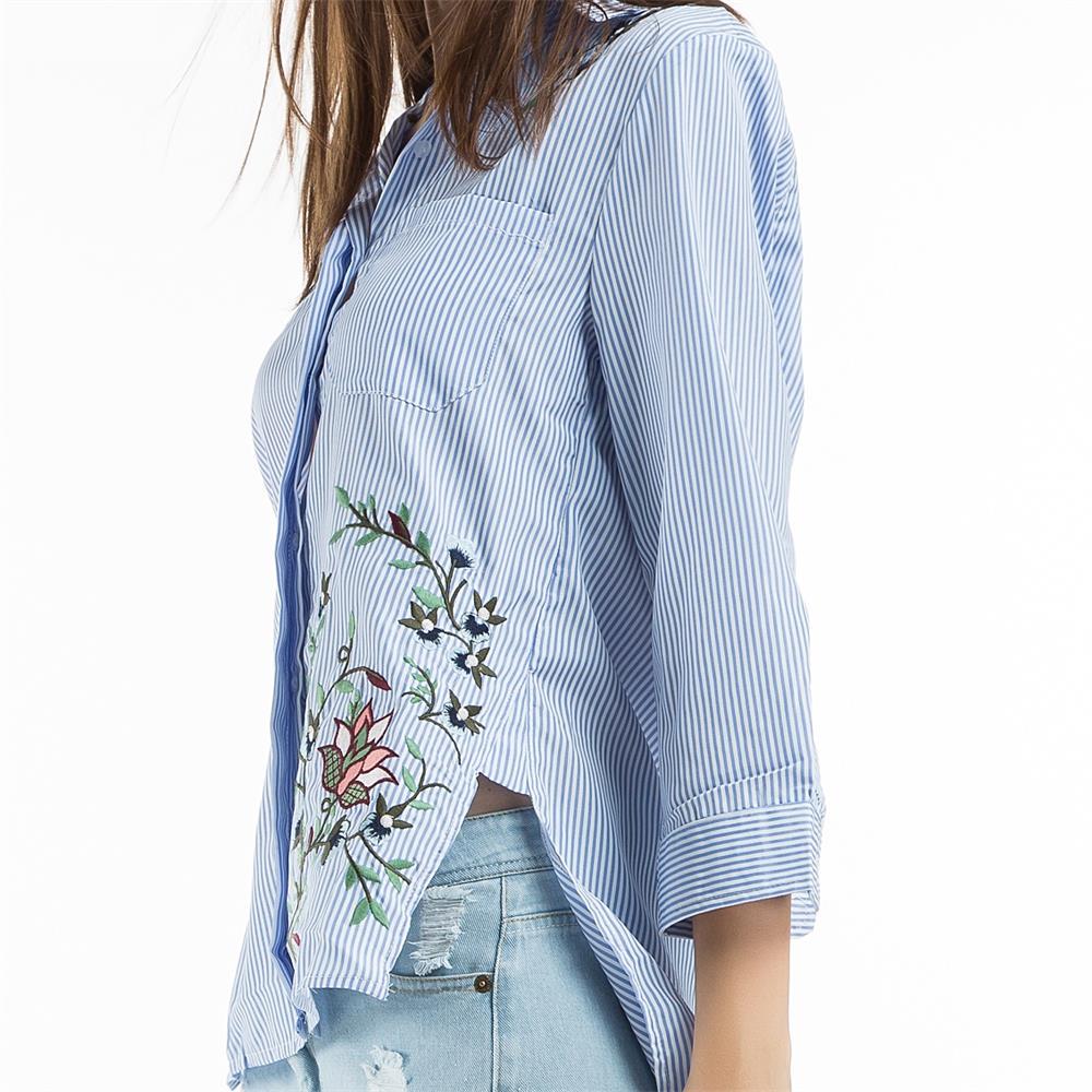 Women Flower Pattern Shirt Ladies Striped Long Sleeve Stand Collar ...