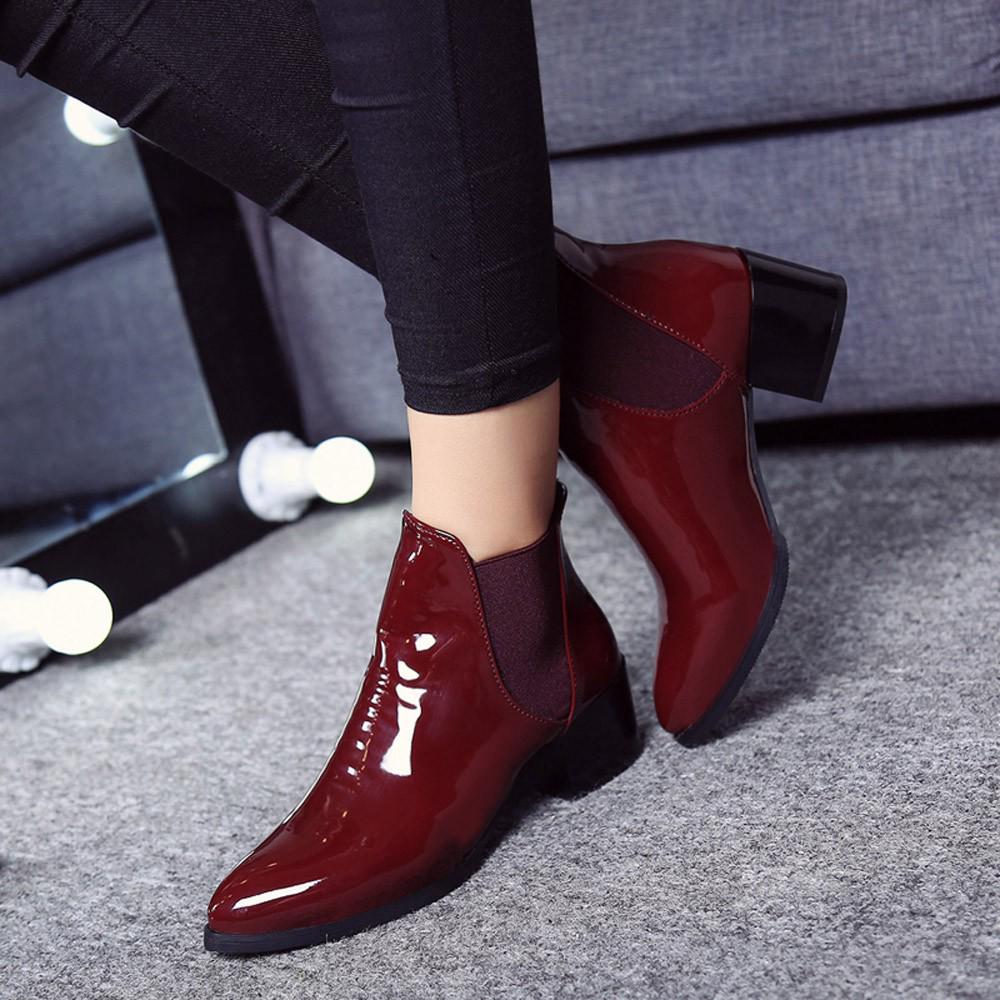 Buy LG Women Pointed Low Heel Boots Elasticated Patent Leather Boots at ...