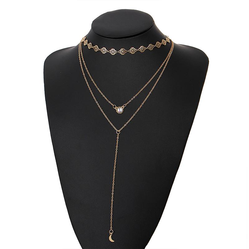 Buy Women Multilayer Chain Necklace Crescent Pendants Rhinestone ...