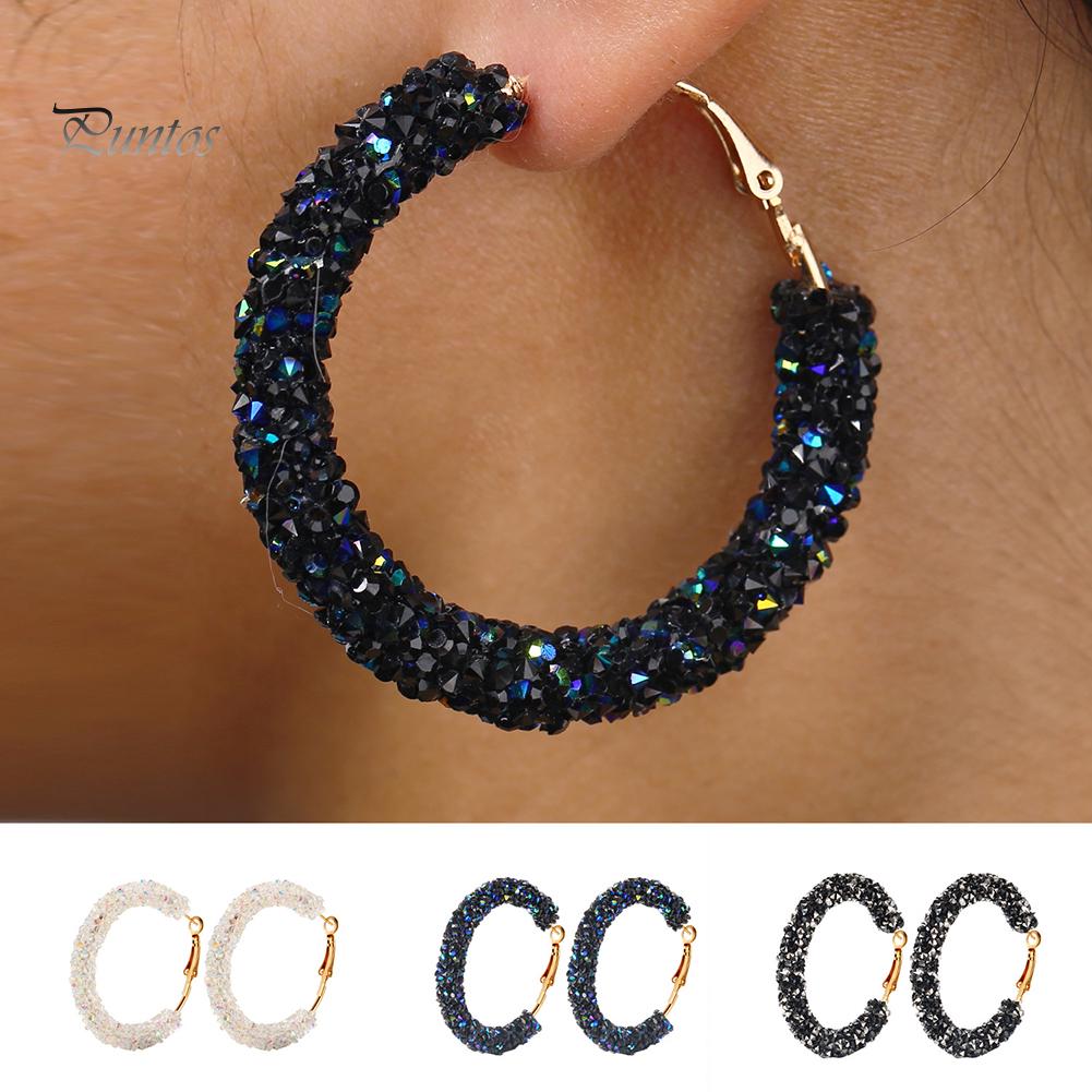 Women Rhinestone Inlaid Geometric Big Round Drop Hoop Earrings Jewelry ...