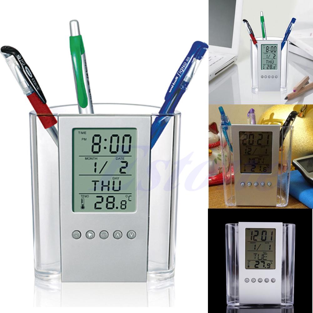 LCD Digital Alarm Clock Desk Pencil Pen Holder Organizer Thermometer ...