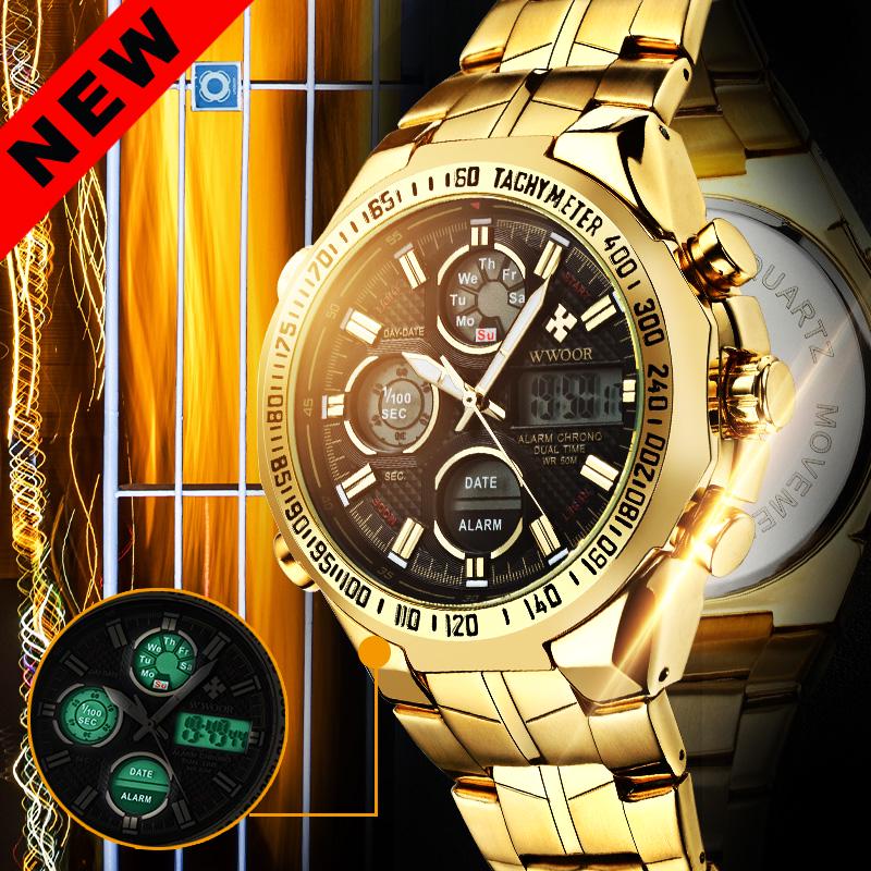 Steel Digital Quartz Mens Watches LED Light Military GOLD Clock Luxury ...