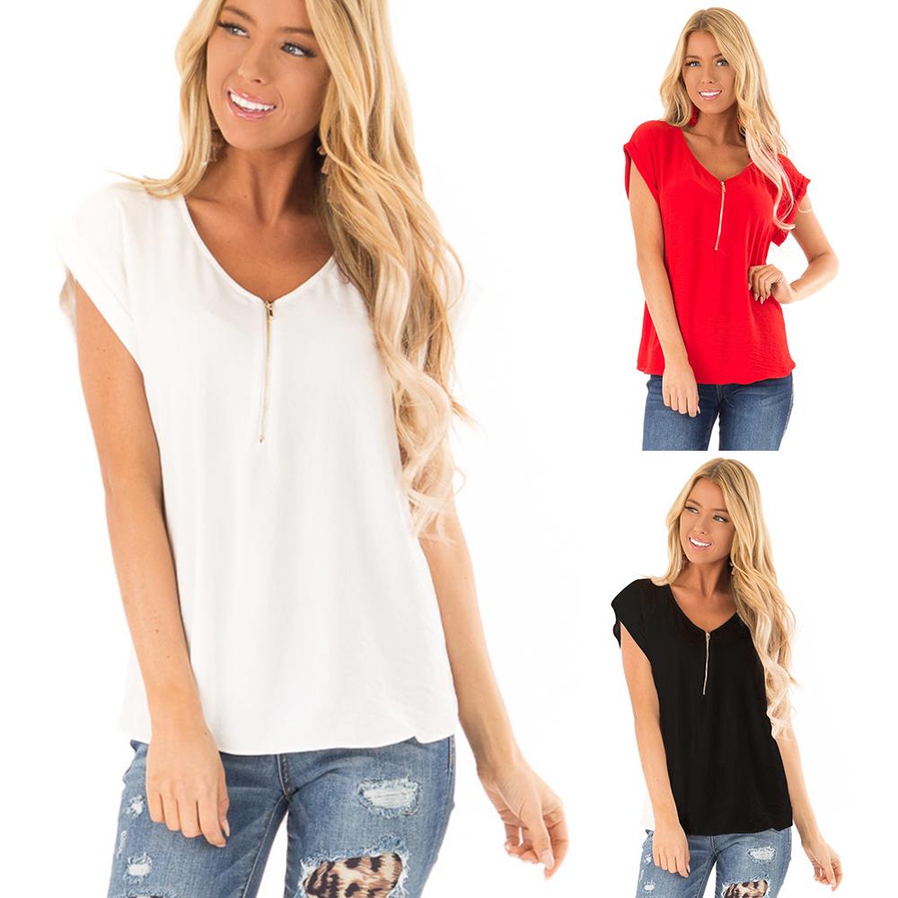 Buy Women Fashion Short Slleve Tops Comfy Loose V-Neck Front Zipper ...