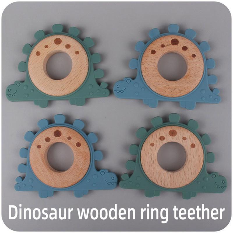 Satın alın Baby Silicone Teether Bead Cartoon Animal Dinosaur Wood Ring ...