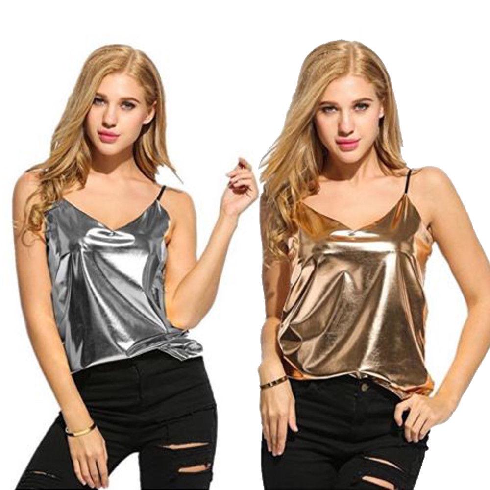 Buy Women Sexy Sleeveless Strappy Shiny Sling Vest Party Leather V-Neck ...