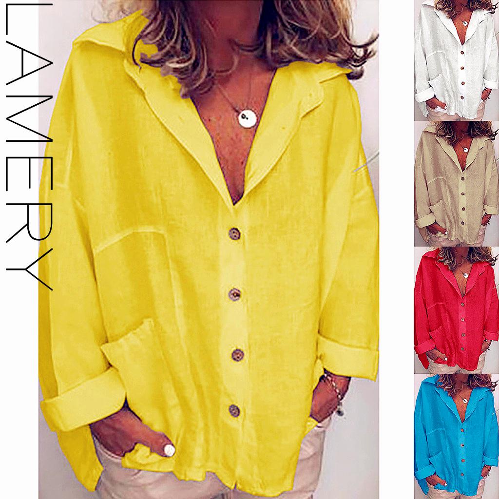 Women Casual Solid Button V-Neck Pocket Long Sleeve Cotton Top Blouse ...