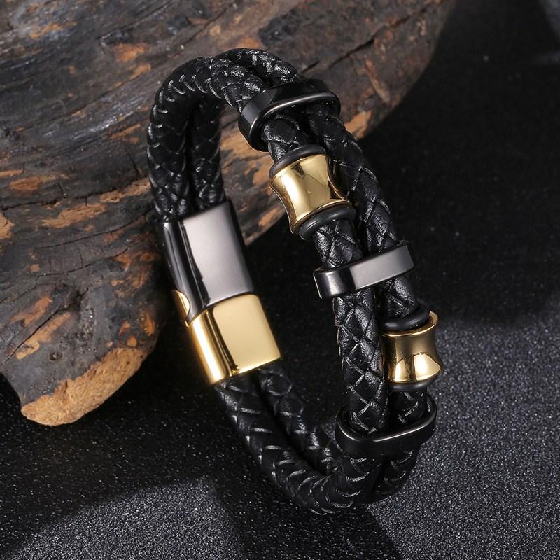 Buy Double Black Braided Leather Men Bracelet Combination Male Bangle ...