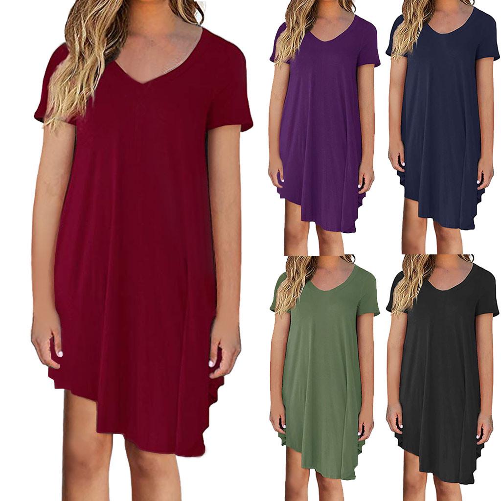 Buy Short Sleeve V Neck Solid Color Dress Womens at affordable prices ...