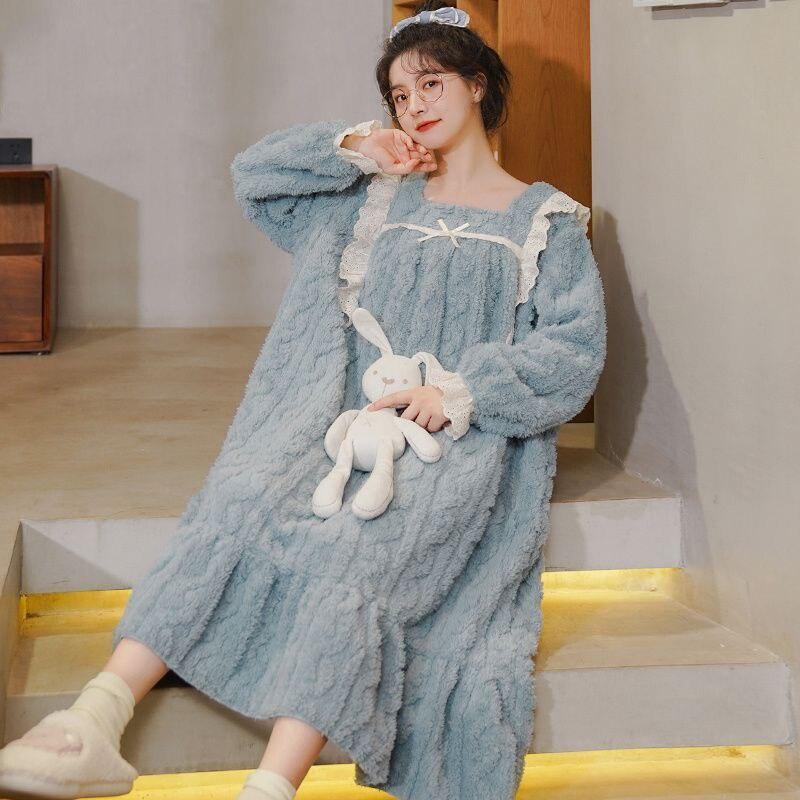 Buy Thicken Coral Fleece Nightgown Sweet Girl Flannel Long Nightdress ...