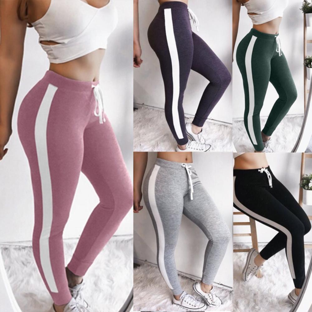 Buy Women Stripe Side Pants Drawstring Elastic Yoga Sporty Running ...