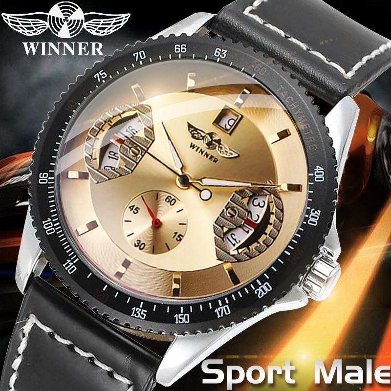 Buy WINNER Automatic Watch Gold Leather Date Display Casual Sports ...