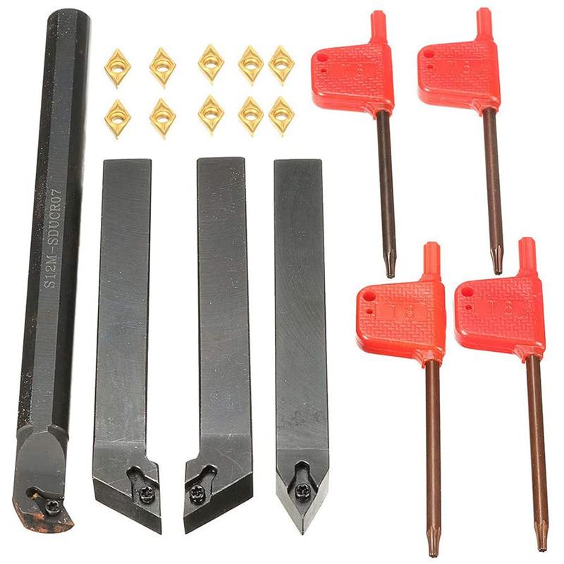 10Pcs Carbide Insert Blades + 4Pcs Lathe Turning Tool Holder Set + 4Pcs Wrench for Lathe Turning ...