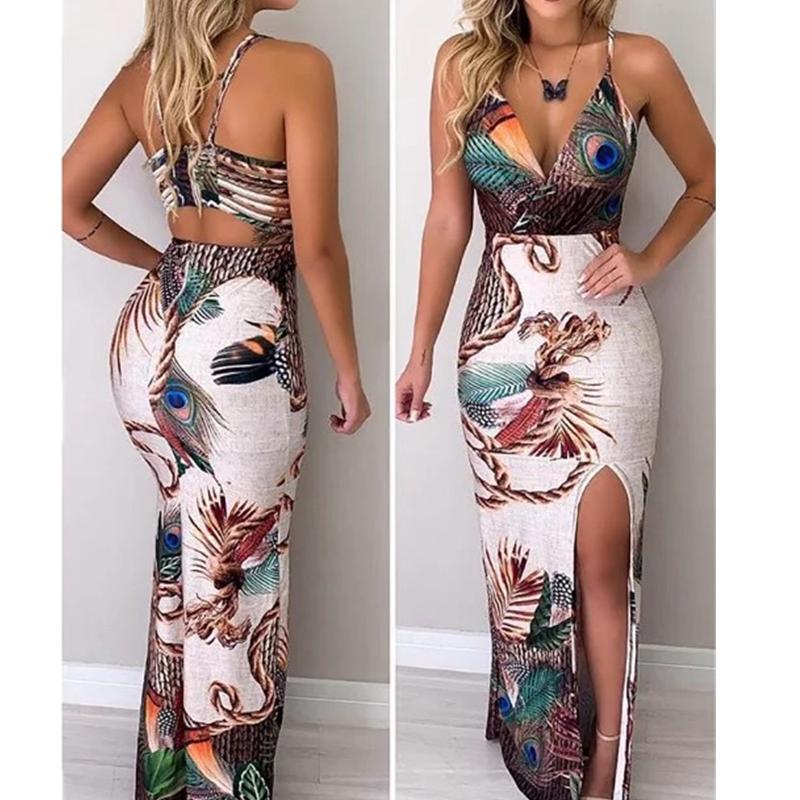 Buy Fashion Sexy Deep V Neck Peacock Feather Print Bodycon Long