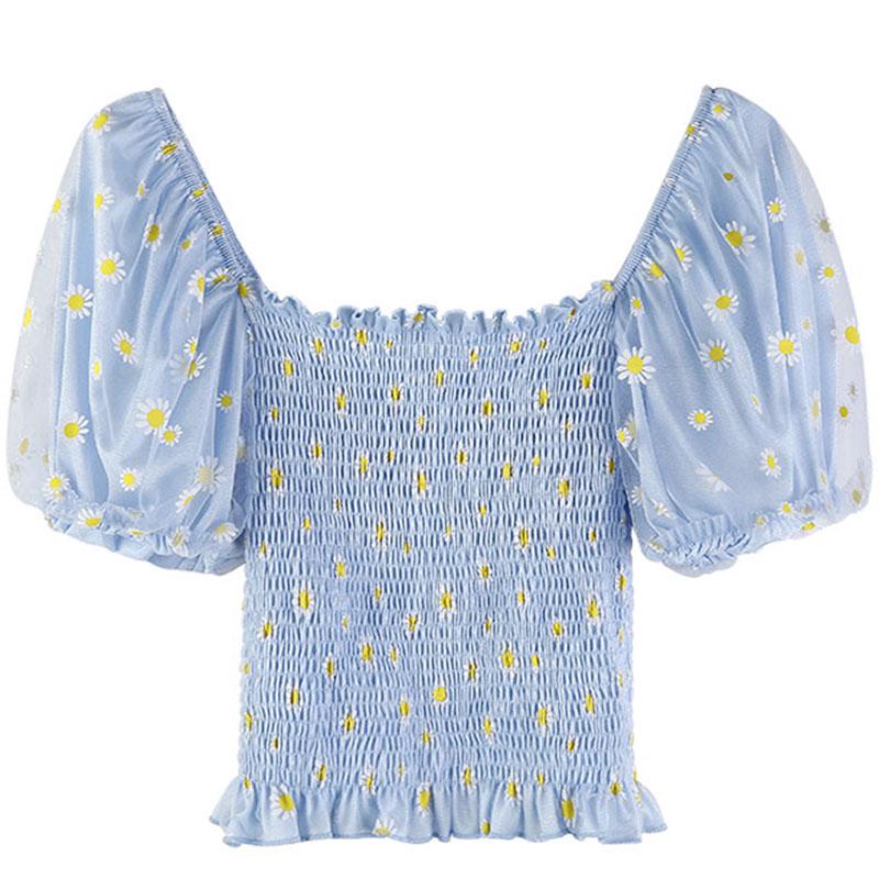Buy Womens Square Collar Tops One Shoulder Blouse Daisy Printed Crop ...