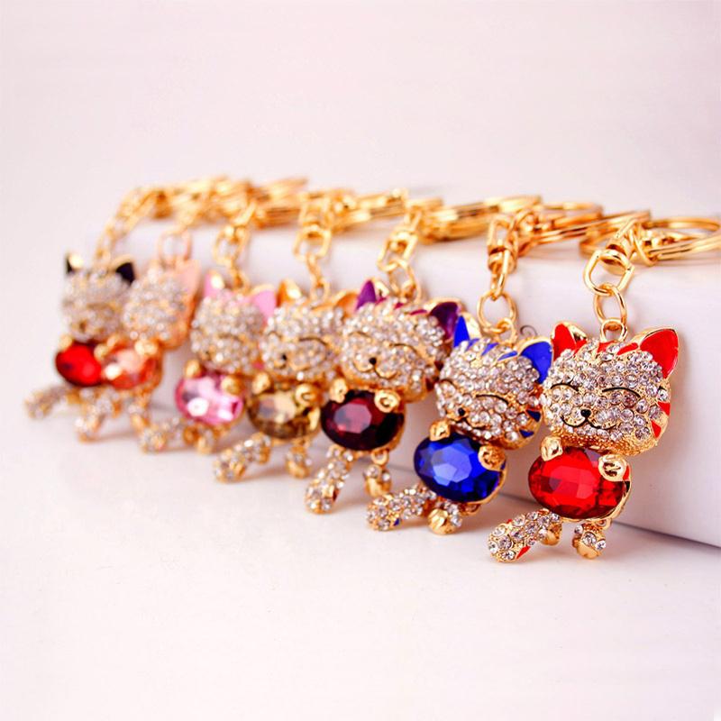 Buy Cat Keychain Gold Crystal Rhinestones Women Handbag Charm Key ...