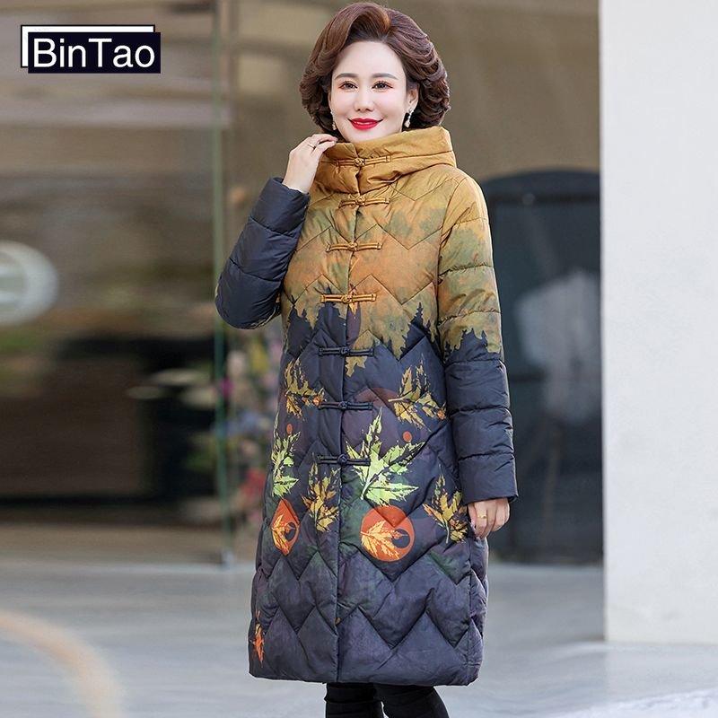 Buy Mid Length Down Coat Women Print Puffer Jacket Hooded Chinese Style ...