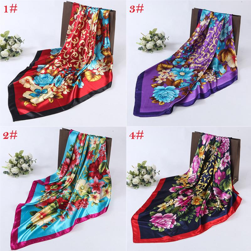 Satın alın 90*90cm Women Retro Flower Printed Square Satin Scarf ...