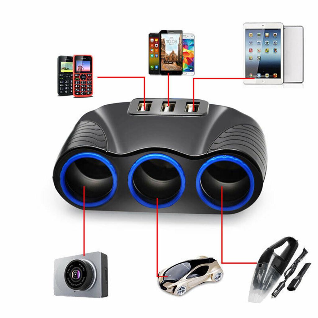 Buy 12V 3 Way Car Lighter Socket Plug & 3 USB Ports Charger Power ...