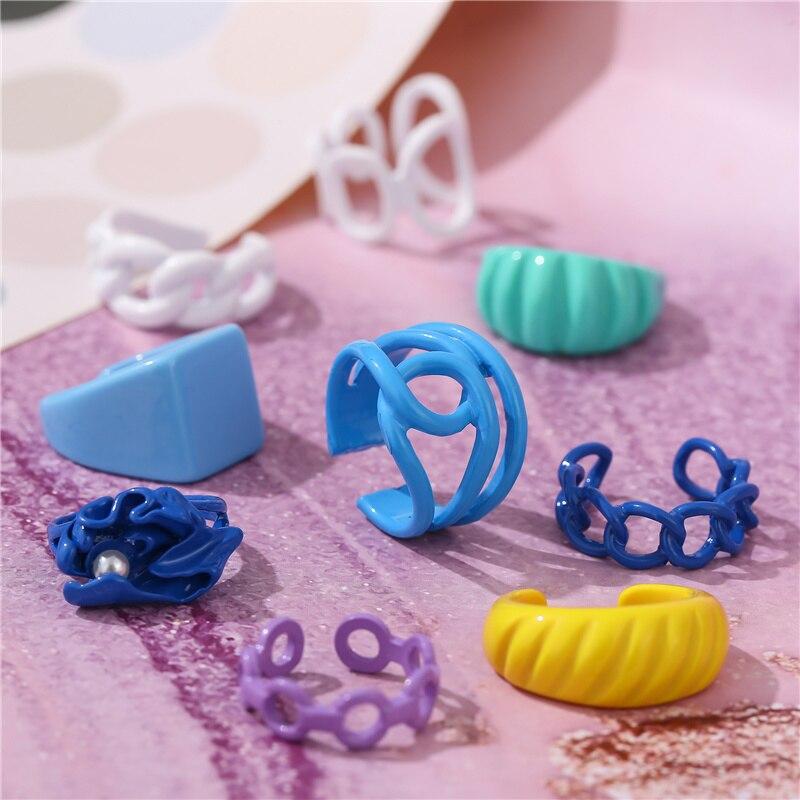 Buy 9PCS/Set Chunky Funky Hyperbole Resin Open Rings for Women Girl ...