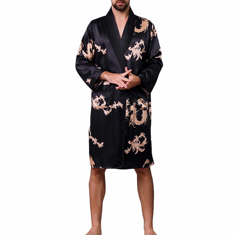 Buy Men 'S Silk Nightgown Pijamas Thin Long -Sleeve Dragon Satin at ...