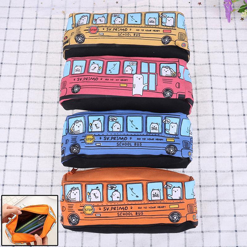 Buy Cute Cartoon School Bus Pencil Case Large Capacity Canvas Car ...