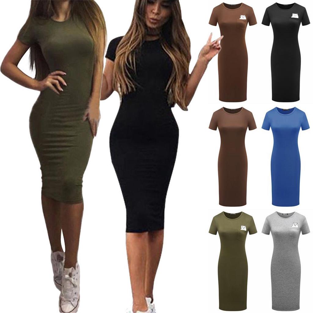 Buy Women Short Sleeve O Neck Bodycon Solid Color Dress at affordable ...