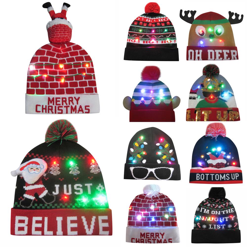 Colorful Merry Christmas LED Light-up Knit Hat Beanie Hairball Warm Cap ...