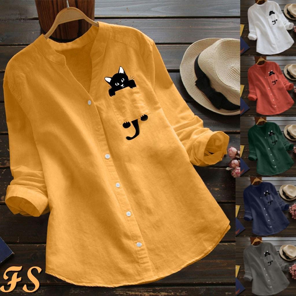 Buy FS Women Cotton Linen Casual Cat Printed Long Sleeve Shirt Blouse ...