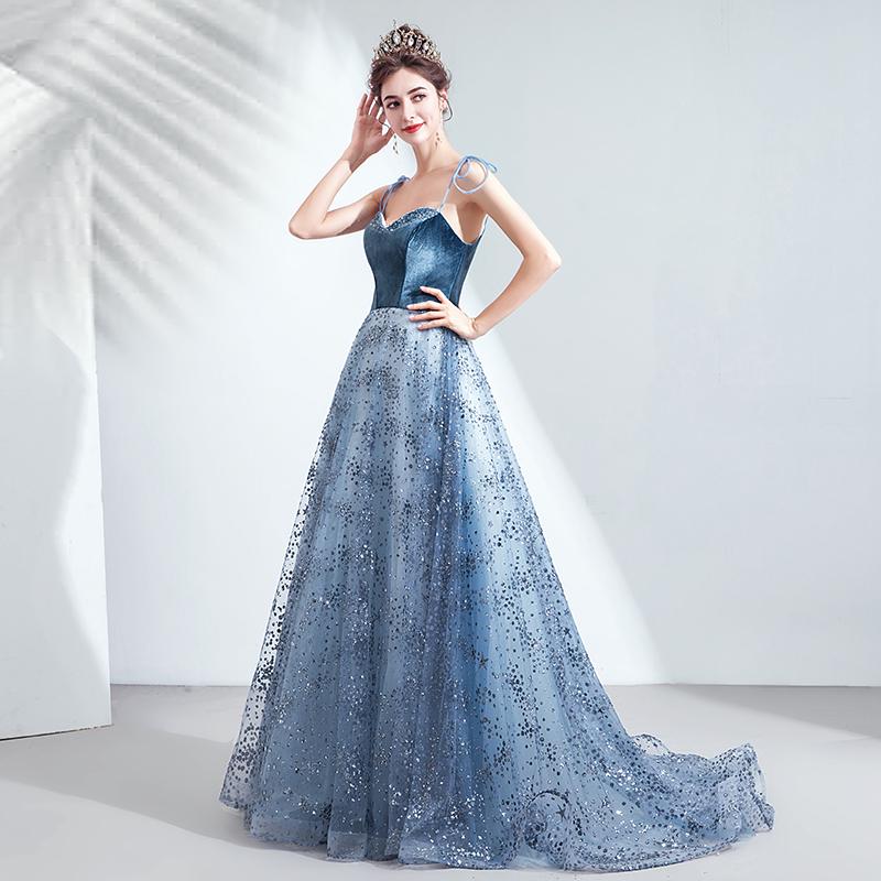 Cheap Sexy Strap Sleeveless Sequins Blue Train Long Dress Wedding Dress ...
