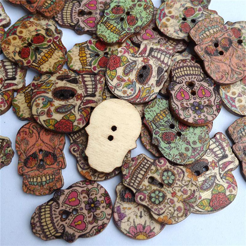 50PCs Wooden Buttons Scrapbooking Multicolor Skull Skeleton Sewing ...