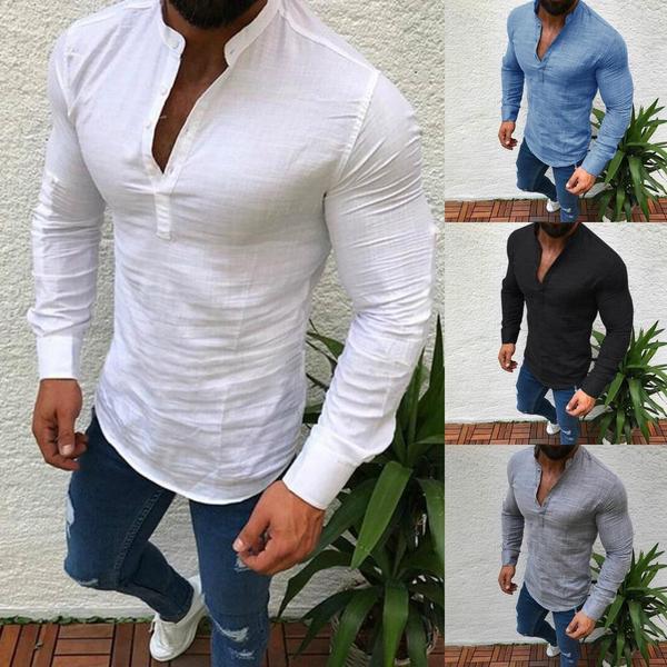 Buy Men's Long Sleeve V Neck Button Up Shirts Male Spring Casual Summer ...