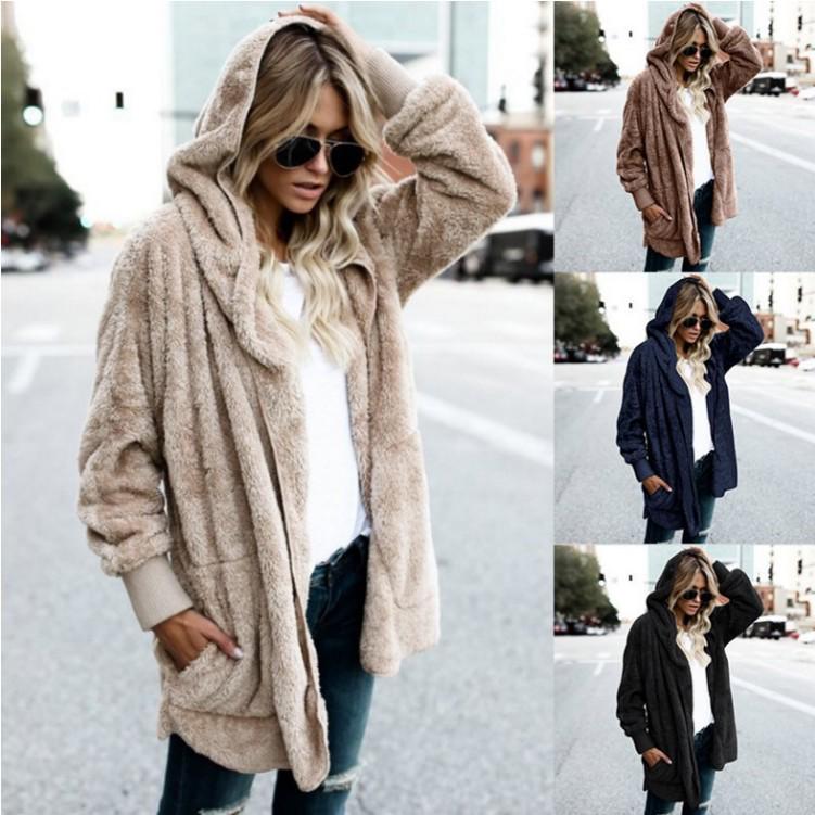 Buy Women Fleece Fur Jacket Outerwear Tops Plush Warm Hooded Fluffy ...