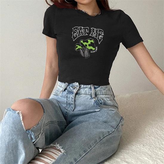 Cheap Mushroom Letter Print Vintage Short T Shirt Women Harajuku Crop