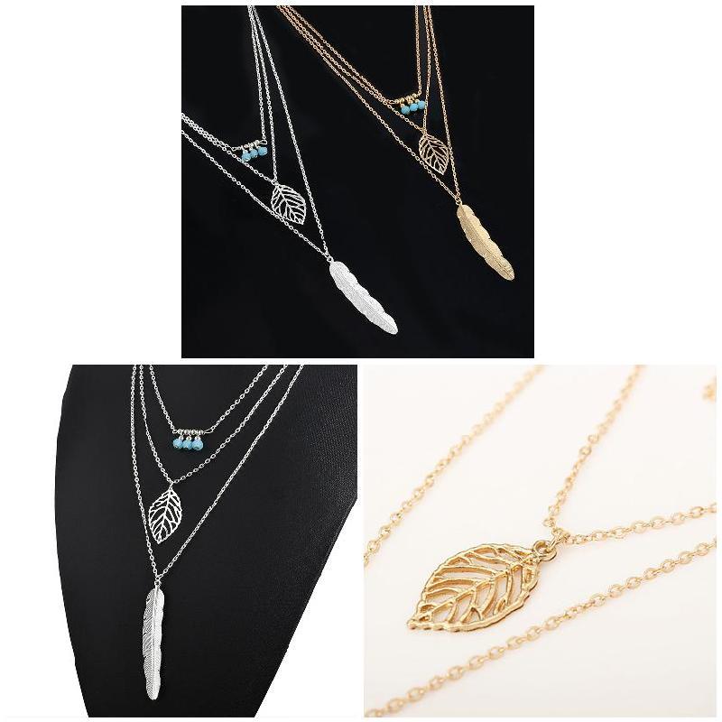 Multilayer Simple Necklace Choker Feather Necklace Layer 3 Leaf Pendant ...