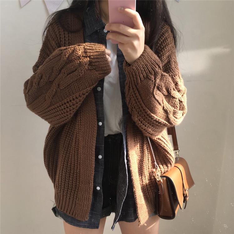 Buy Solid Color Twist Sweater Women Loose Long-sleeved Knitted Cardigan ...