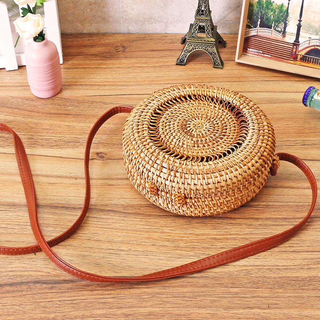 Buy Brown Straw Rattan Woven Round Beach Handbag Vintage Knitted ...