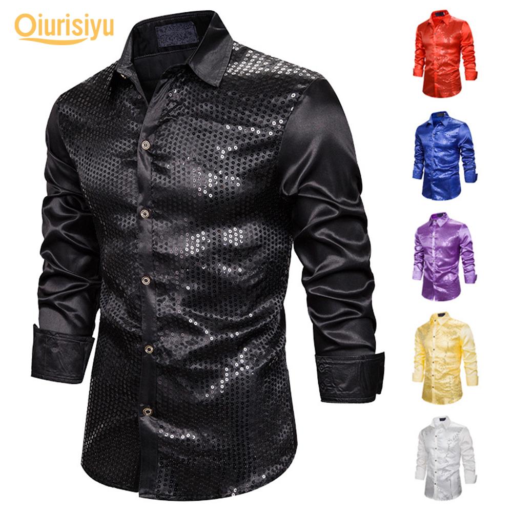 Buy Men Solid Color Turn Down Collar Shiny Sequins Shirt at affordable ...