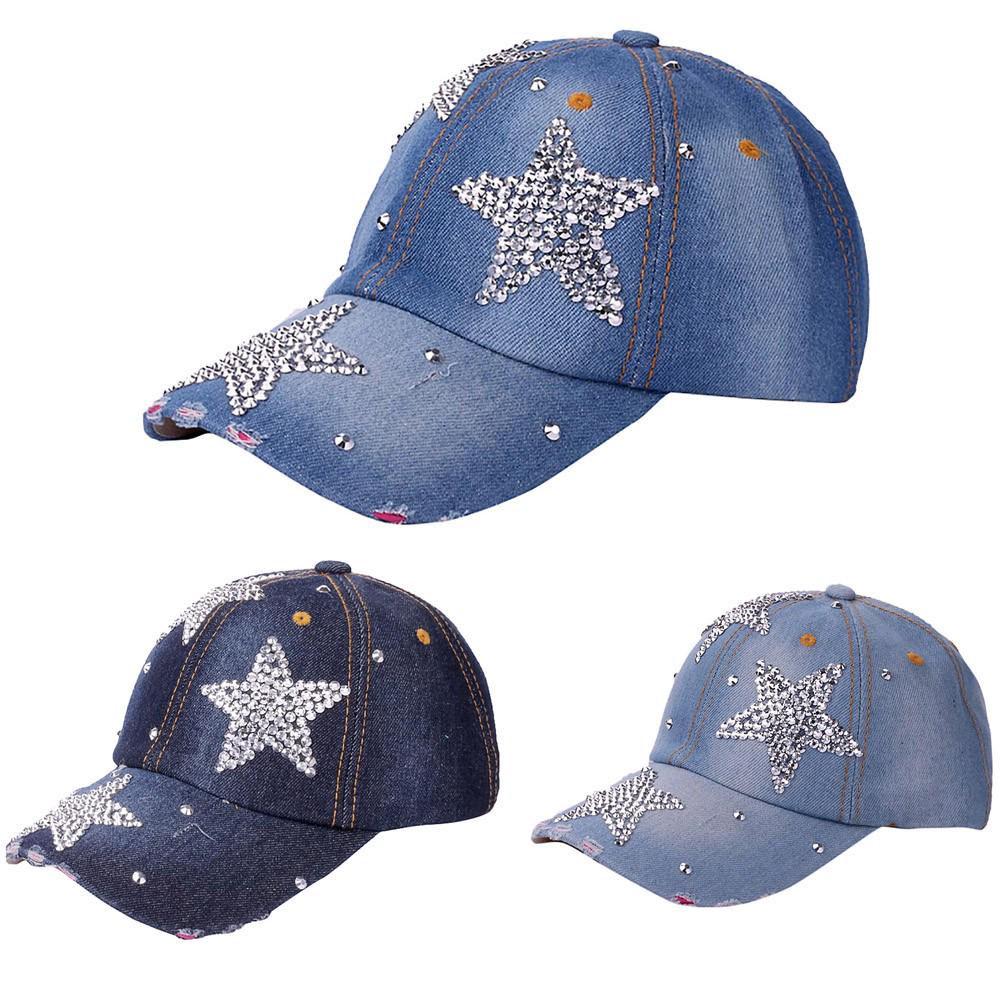 Buy Women Men Adjustable Pentagram Rhinestone Denim Baseball Mesh Cap ...