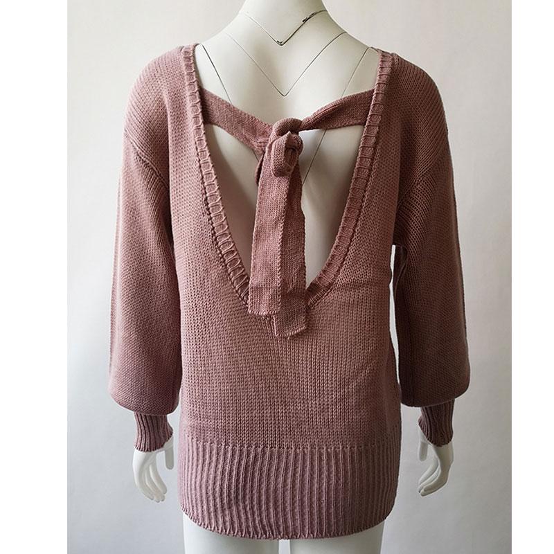 Buy Women's New Bow Backless Sweater Lantern Sleeve Loose Round Neck ...