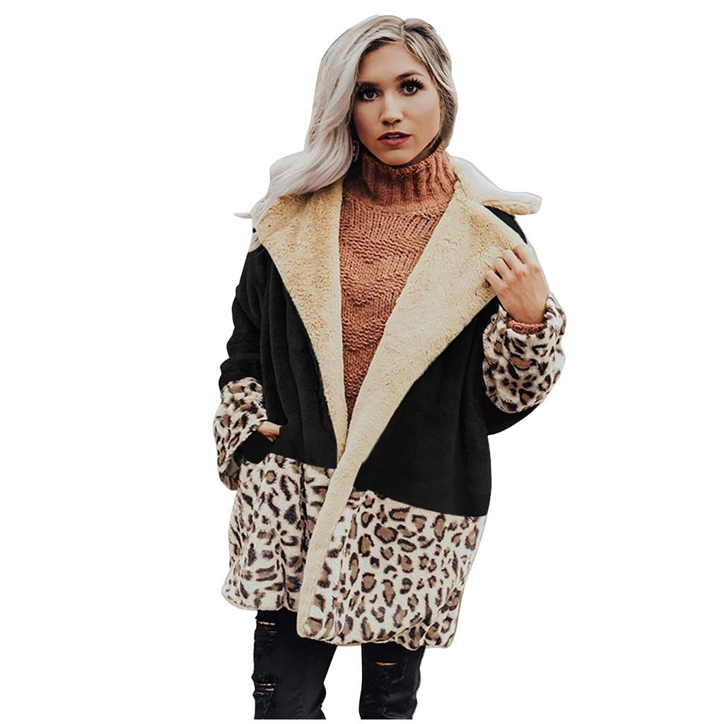 Buy Womens Loose Lapel Thickened Plush Patchwork Leopard Print Long ...
