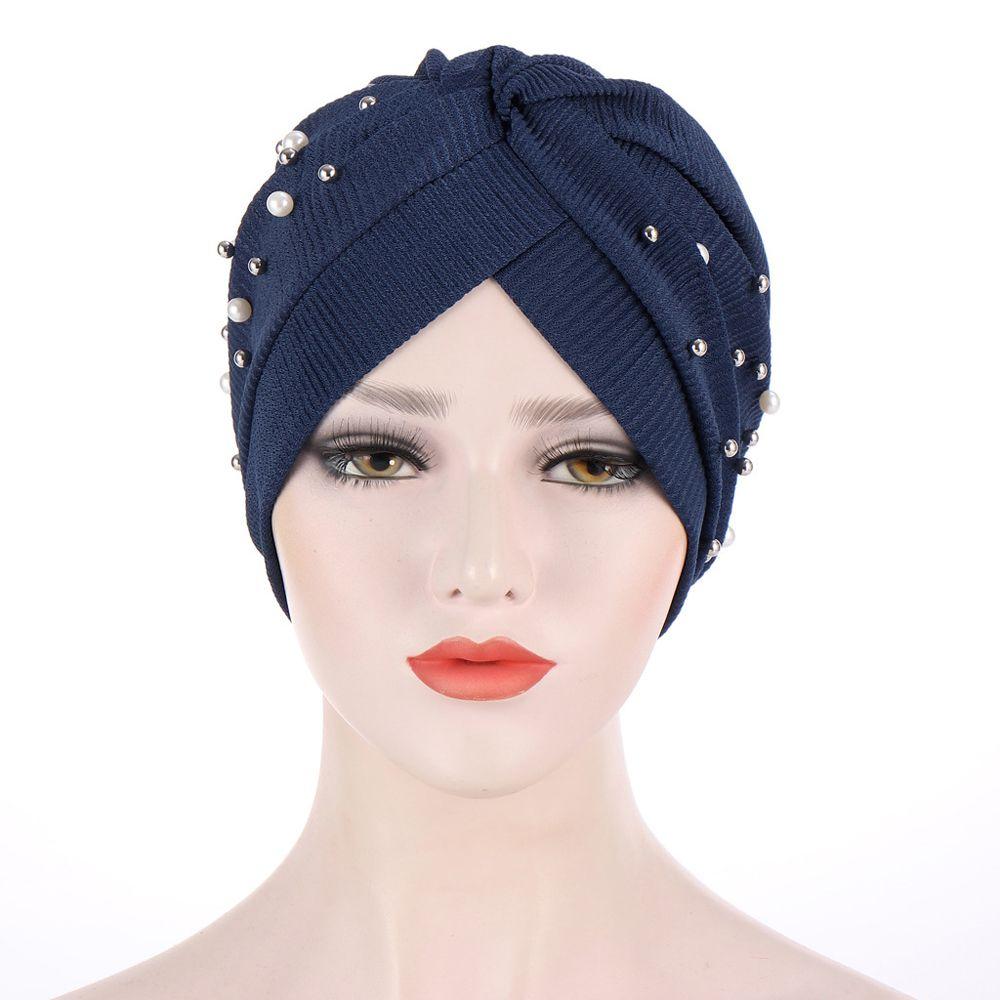 Buy Solid Color Pearl Beads Headwear Turban Hat Muslim Hijab Caps Women ...