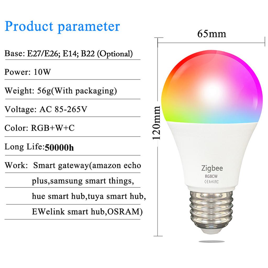 E27/E26 Intelligent Light Bulb zigbee3.0 RGBW 10W LEDs Dimmable Lamp Cup APP Control Cold & Warm ...