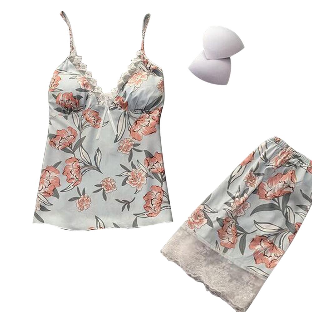 Buy Women V Shaped Lace Design Back Satin Sleepwear Set Flower Print ...