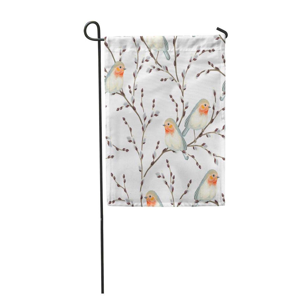 Beige of Willow Branches and Birds Robin on Blue Garden Flag House ...