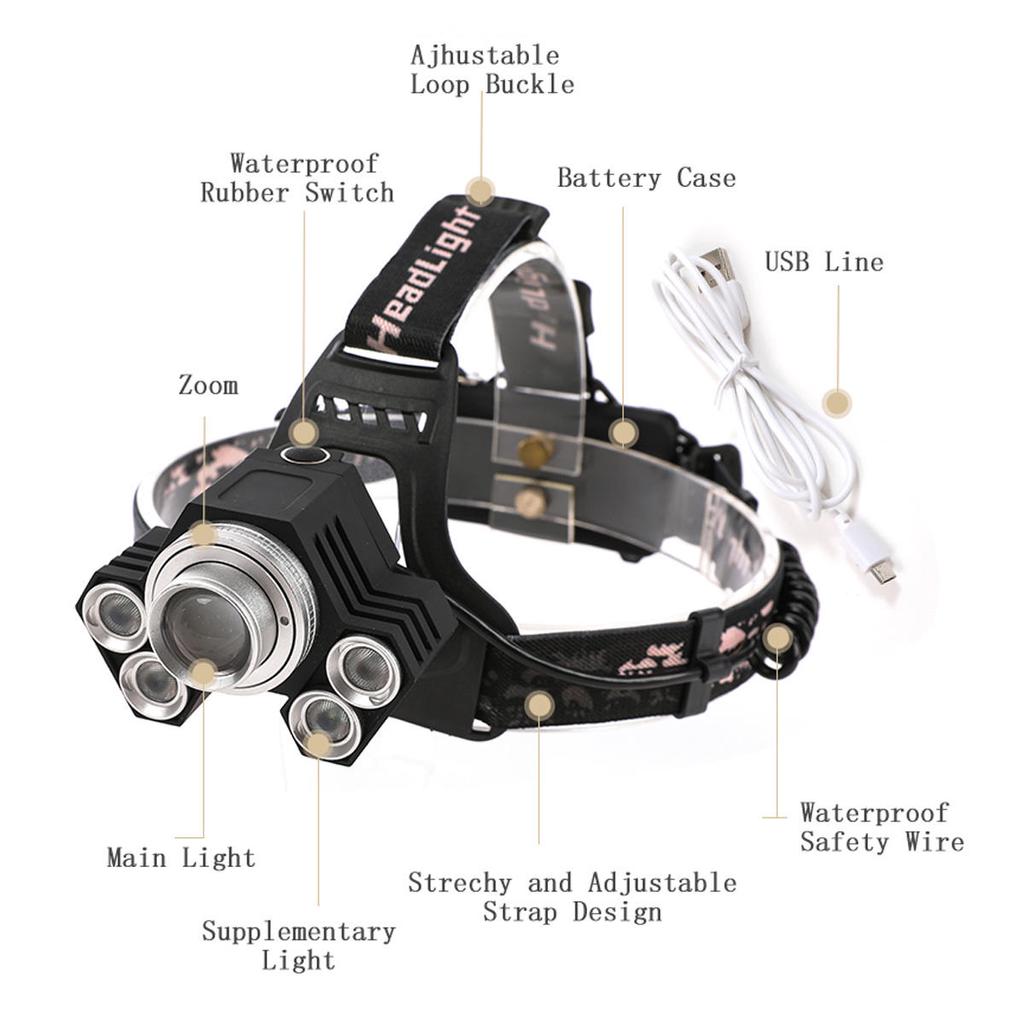 5 LED Headlight 50000LM T6 Waterproof Headlamp Headlight Torch Lamp for ...