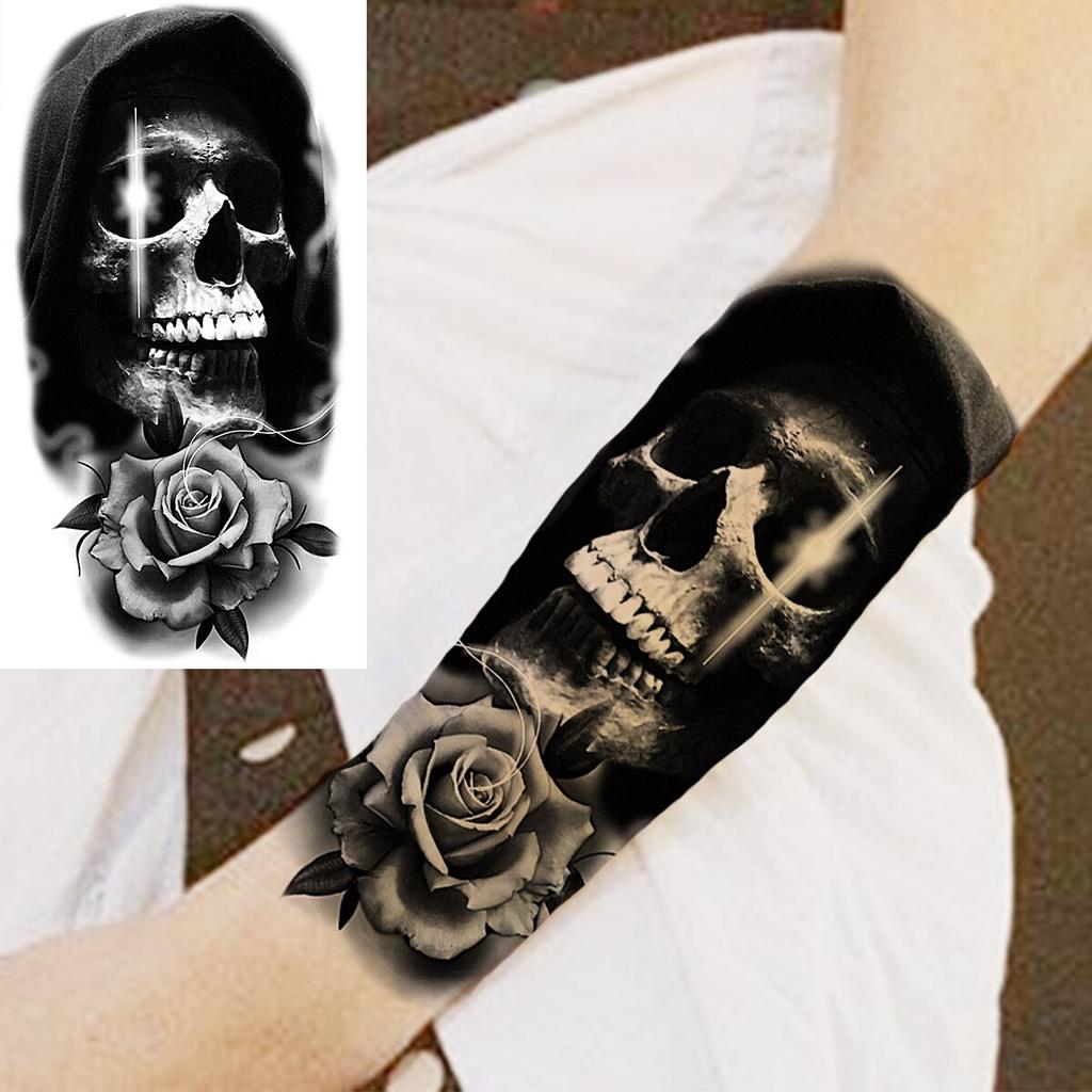 Black Scary Rose Flower Gangster Temporary Tattoos For Women Men Wolf Lion Pirate Skull Fake ...