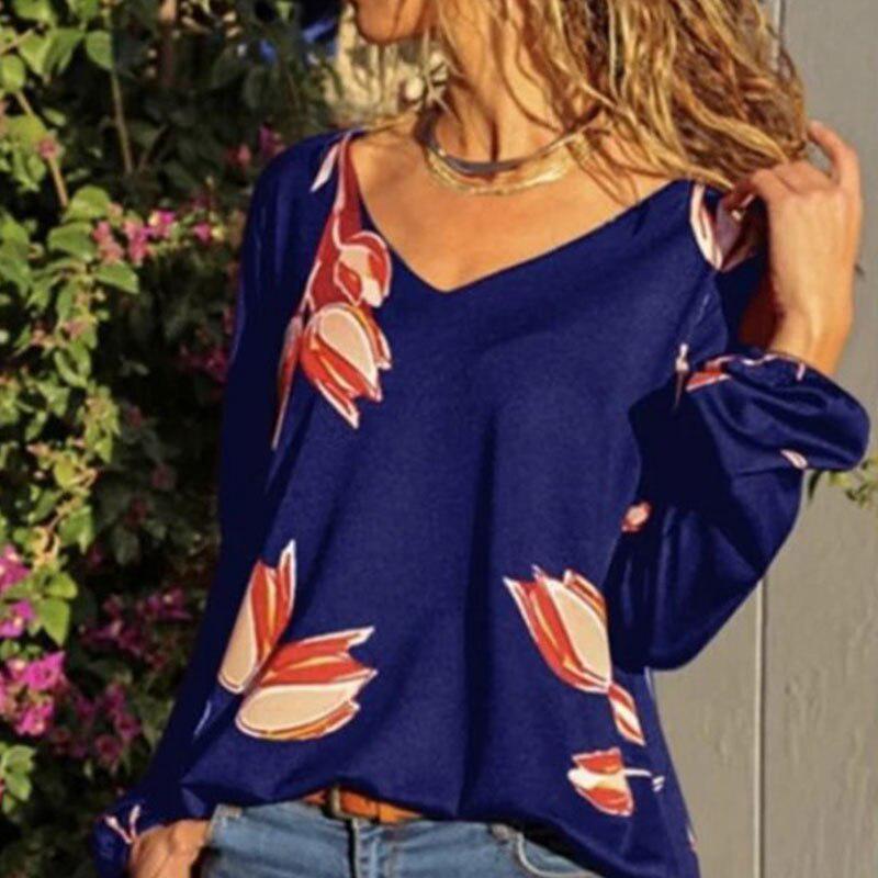 Buy T-Shirts Women Autumn All-match Flower Printed Slim Causal Fit V ...