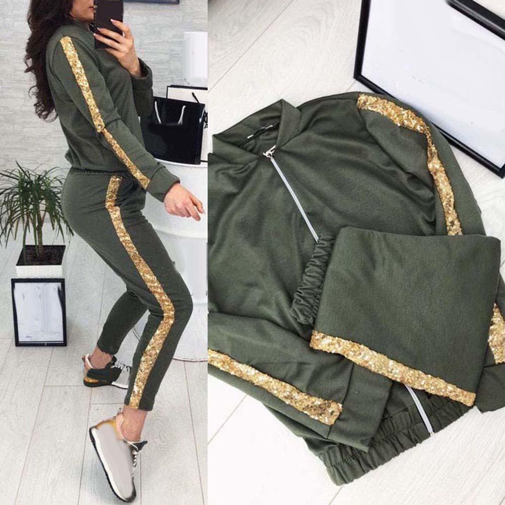 Buy Women Casaul Jogging Suit Sequins Patchwork Tracksuits Sweatshirt ...