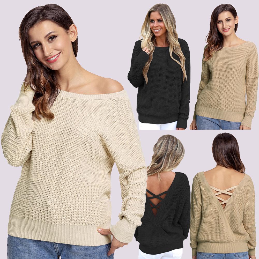 Women Knitted Loose Sweater Solid V Back Bandage Cross Over Hollow Out ...