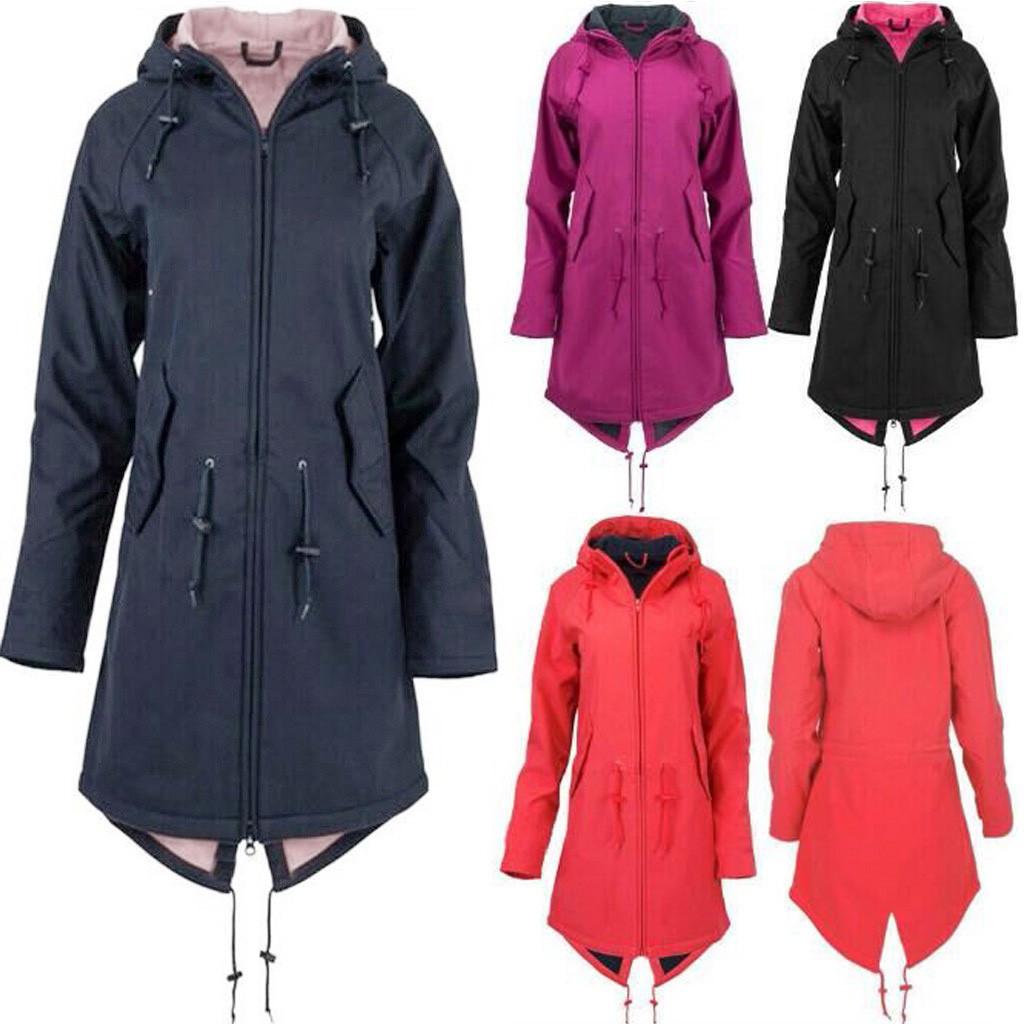 Women Solid Rain Jacket Outdoor Hoodie Waterproof Long Coat Overcoat ...